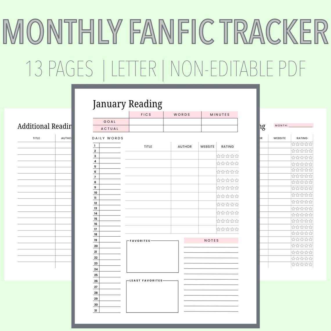 Printable Fanfic Tracker: Monthly Reading Journal (13 Page Bundle ...