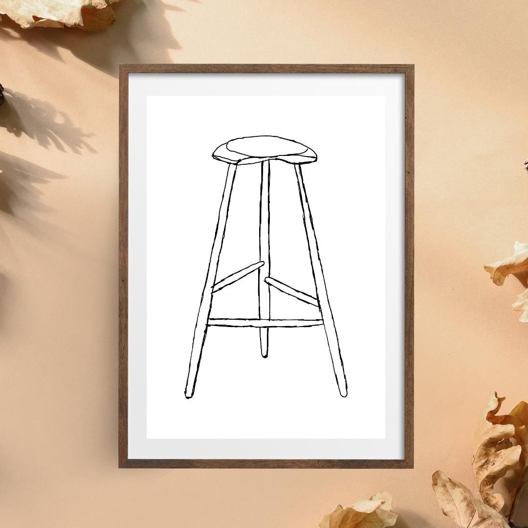 Esherick Stool Line Art - Drawing Print- Modern Furniture Sketch Wall ...