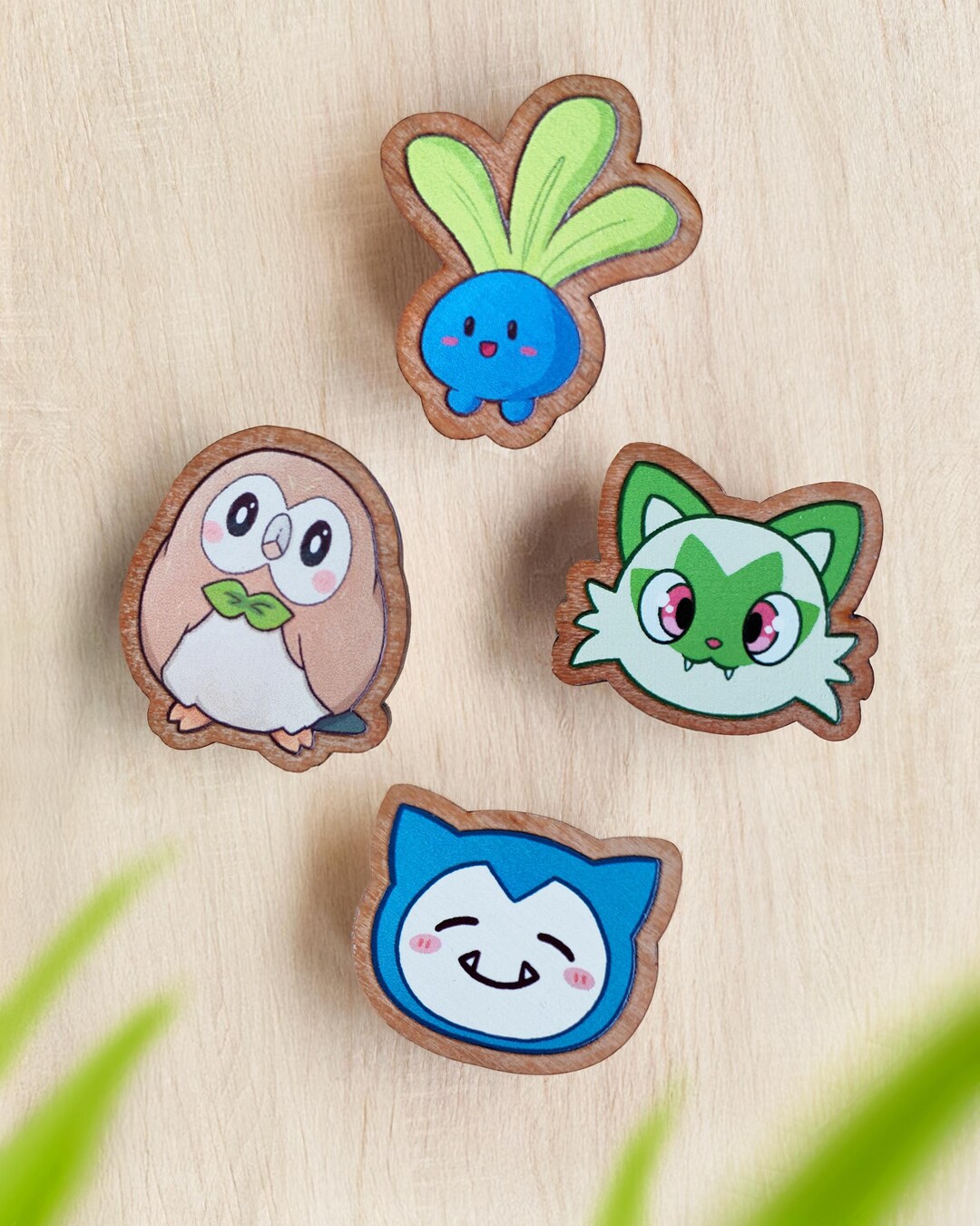 Snorlax, Sprigatito, Rowlet & Oddish Wooden Pin Badges Original Gift ...