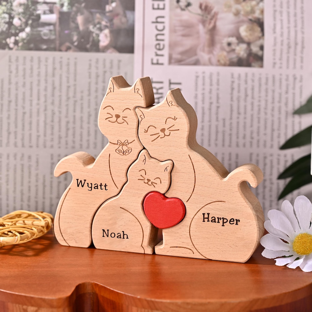Custom Wooden Cat Family Puzzle, Cat Family Figurines, Family Keepsake ...