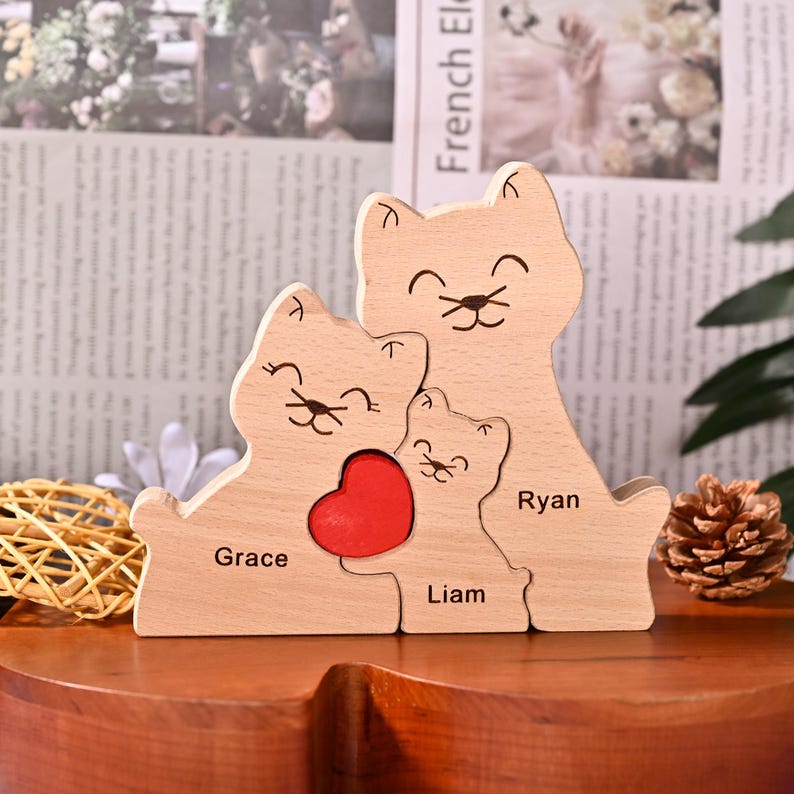 Personalized Wooden Cat Family Puzzle, Engraved Cat Family Keepsake ...