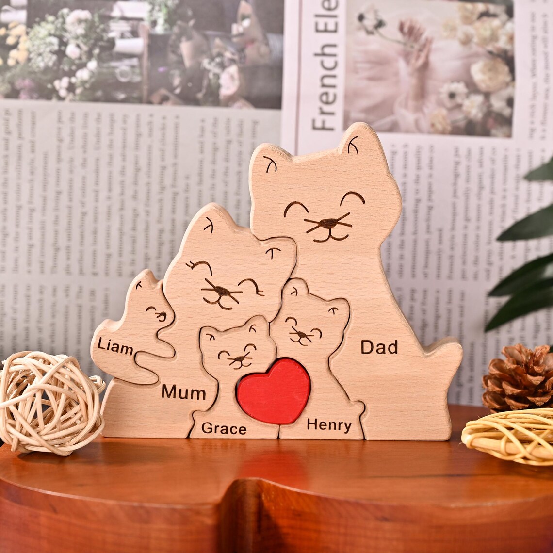 Personalized Wooden Cat Family Puzzle, Engraved Cat Family Keepsake ...