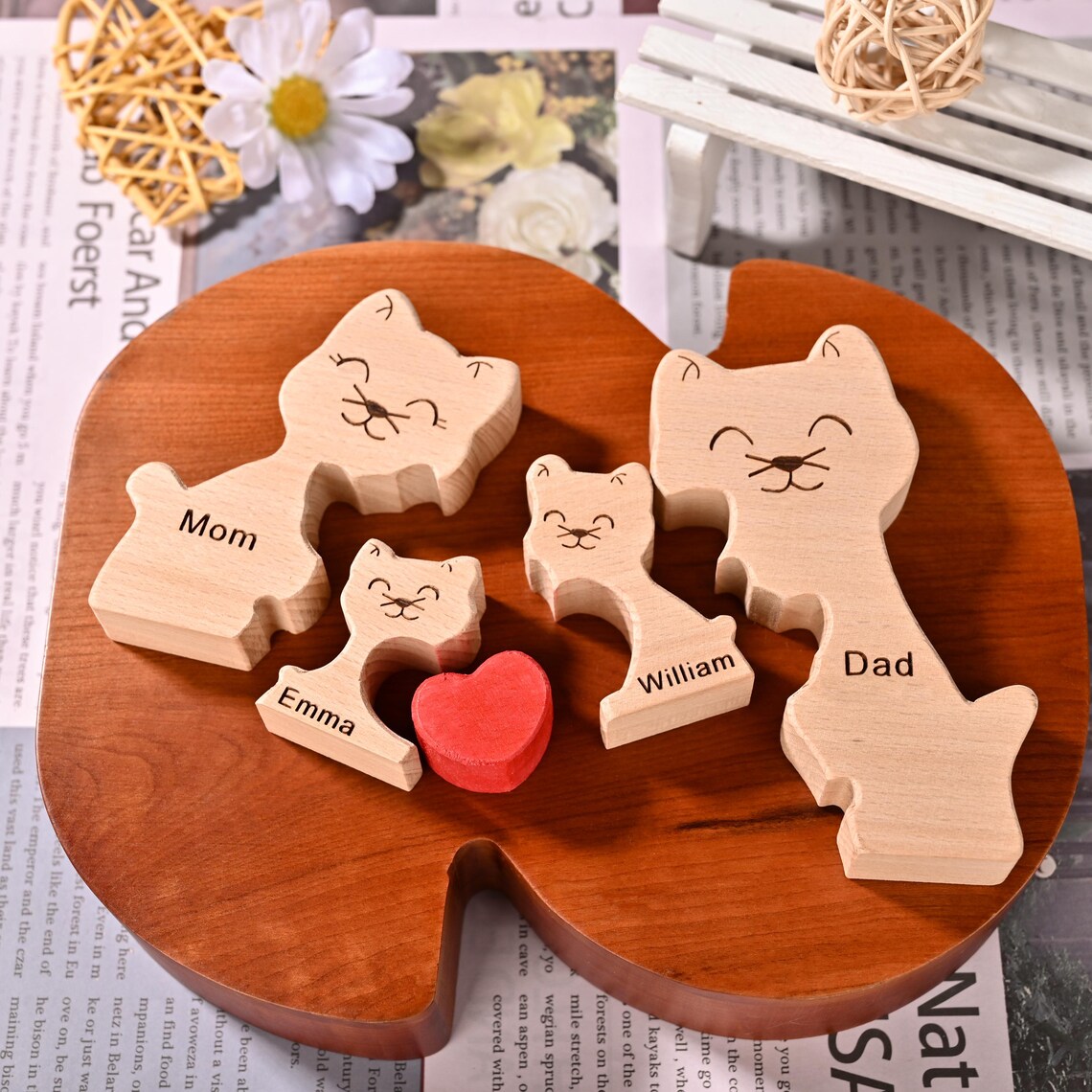 Personalized Wooden Cat Family Puzzle, Engraved Cat Family Keepsake ...