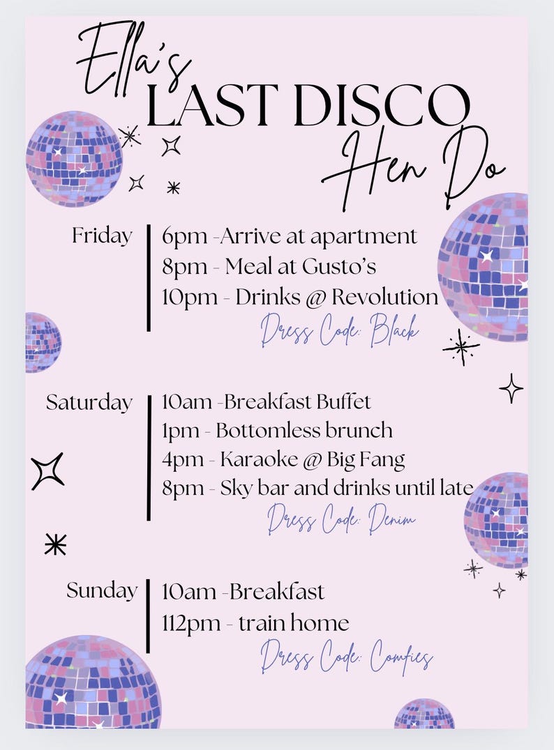 Last Disco Hen Do / Bachelorette Party Invite / Itinerary - Etsy