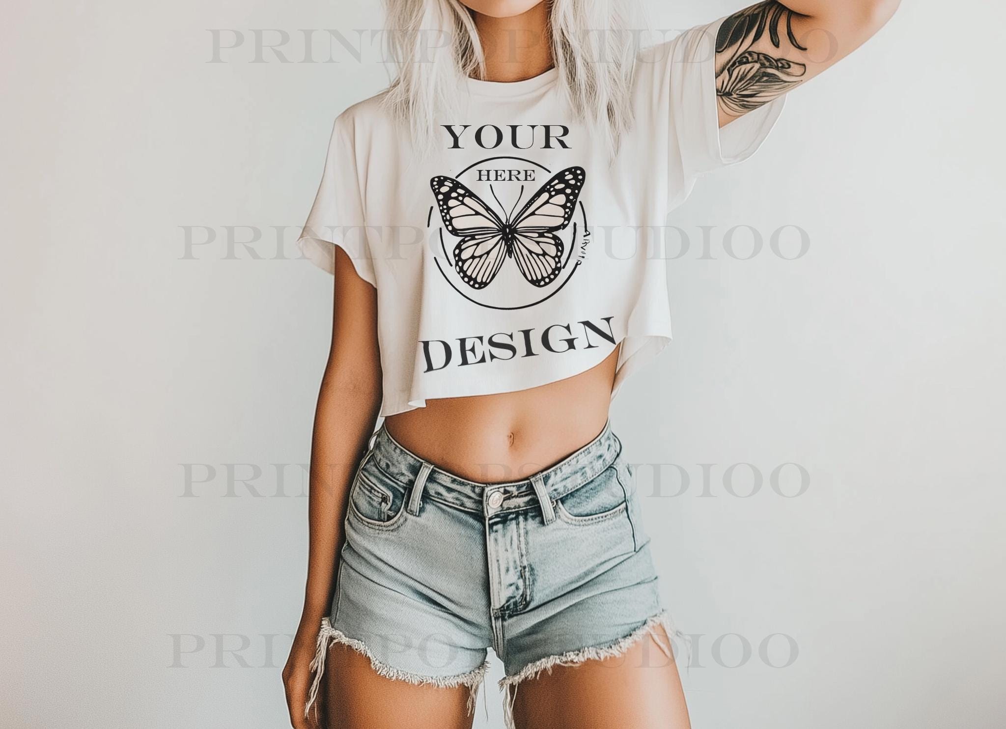 White Champion Cropped Tee Mockup | Champion T453W Crop Top Mockup ...