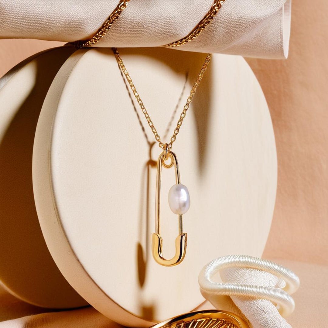 14K Gold Safety Pear Pin Necklace, Gold Trendy Fashionable Design ...