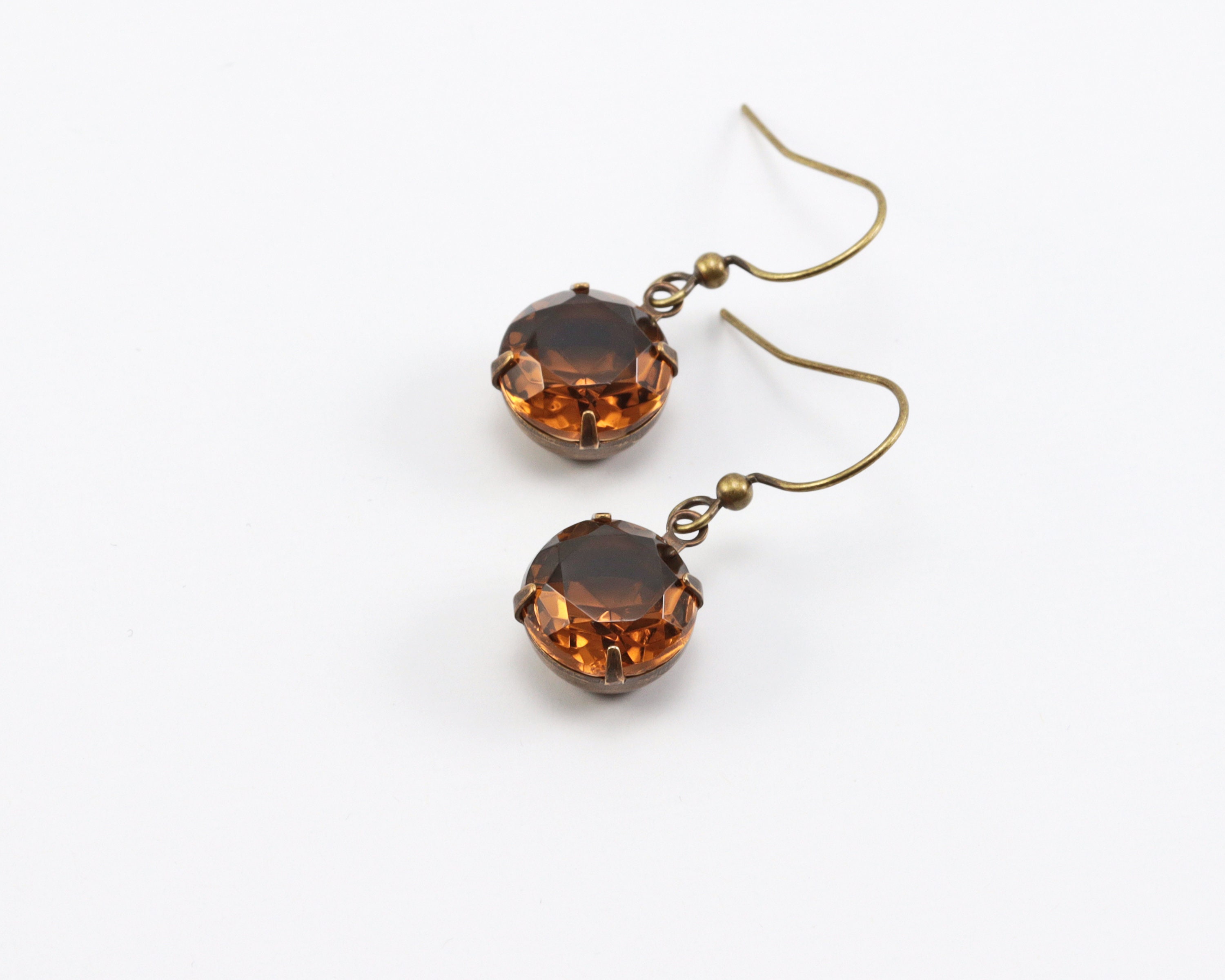 Smoky Brown Earrings, Round 'topaz' Color Glass Rhinestone Dangle ...