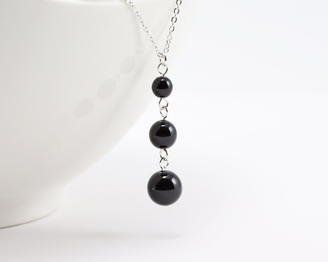 Collier pendentif perle noire brillante, collier de perles de cristal ...