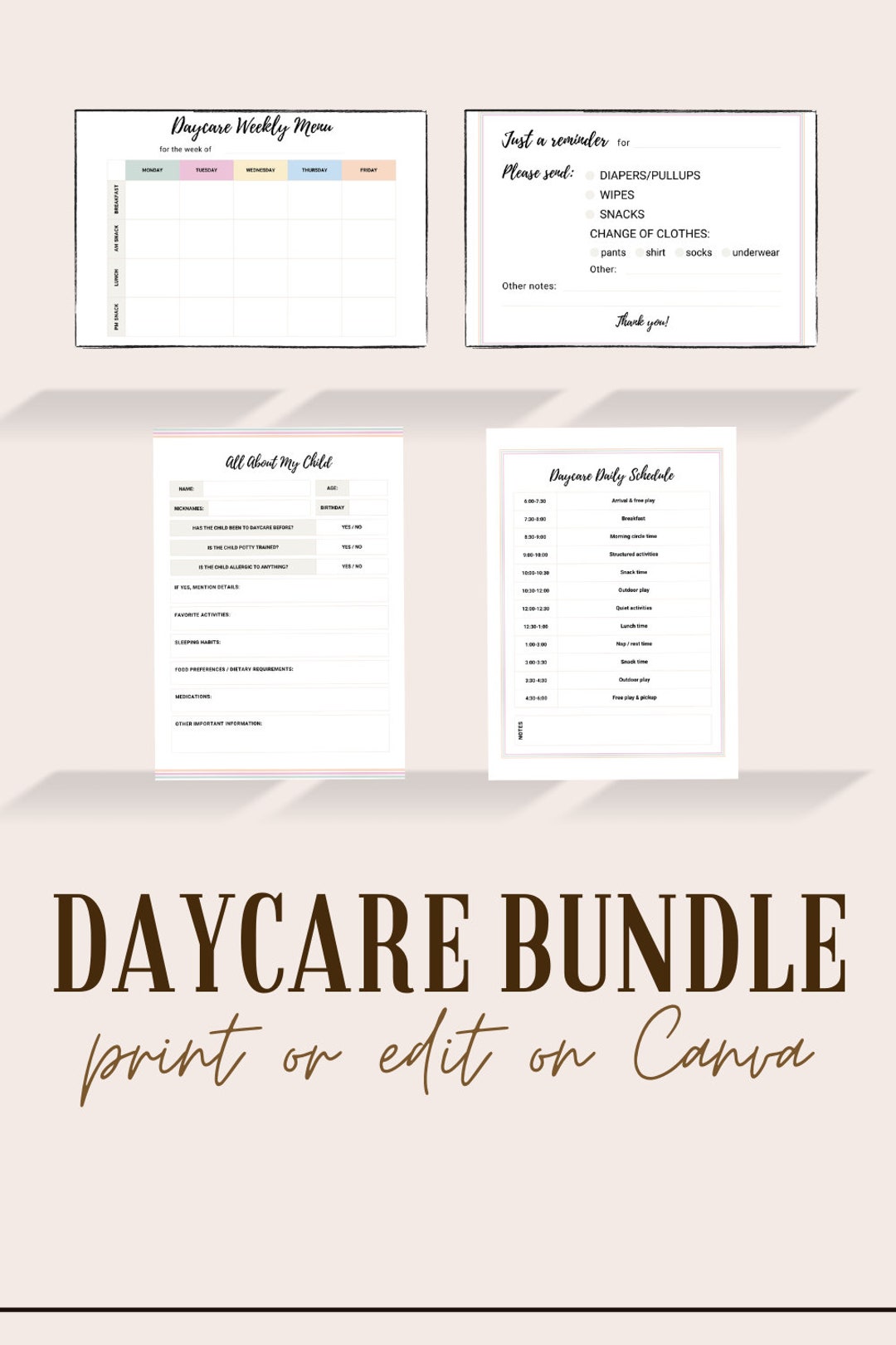 Daycare Bundle - Print or Edit in Canva - Etsy