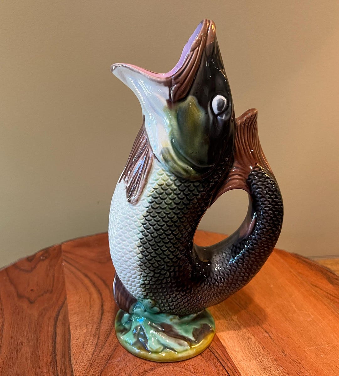 English Circa 1880s Majolica Fish Glug Jug - Wine Pitcher Hand-painted ...