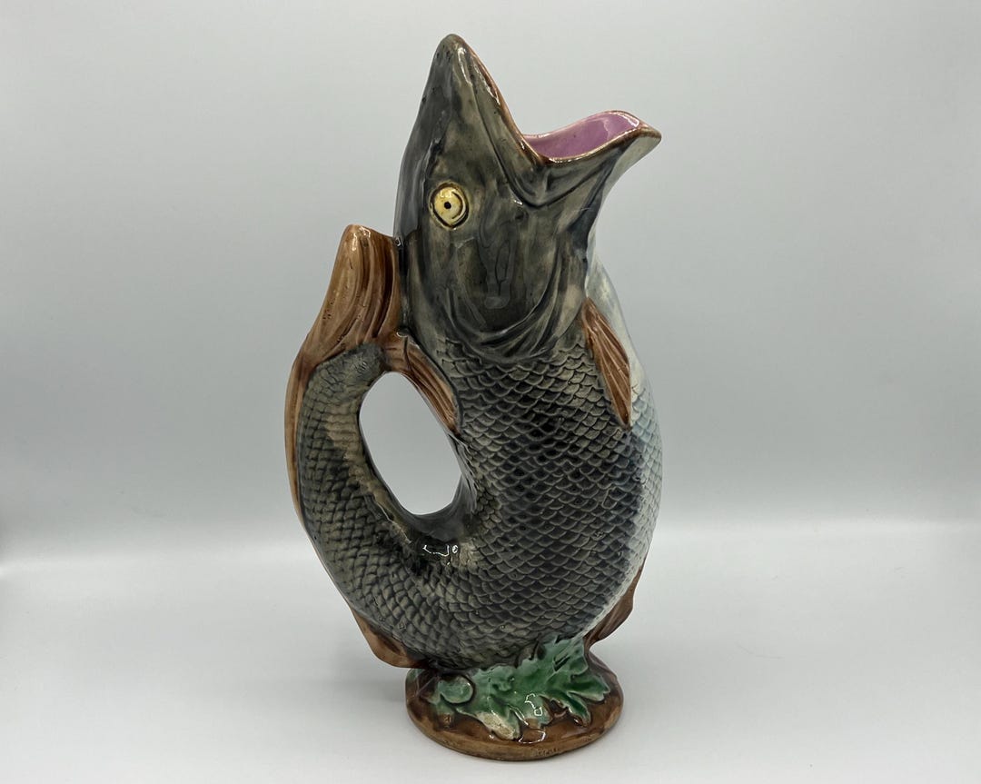 English Majolica Fish Glug Jug – Antique Coastal Pitcher, 12.5" Tall ...