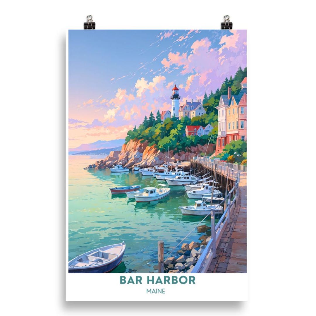 Bar Harbor Town Travel Poster | Maine Landscape Art Print - Etsy