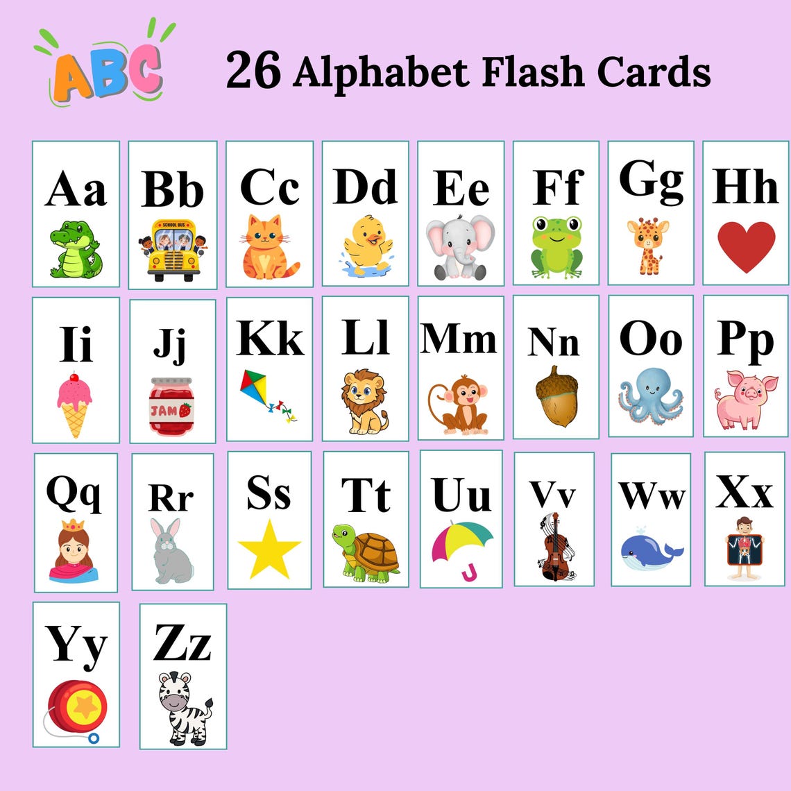 Printable Alphabet Flash Cards: ABC Learning for Toddlers (digital ...