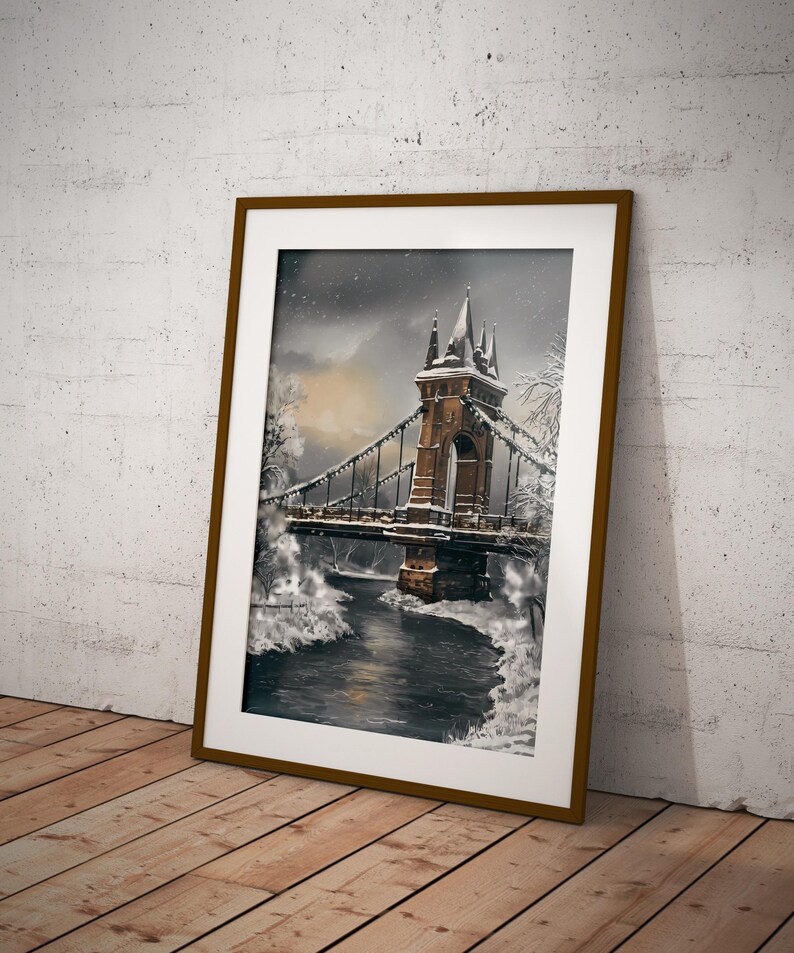 Snowy Bridge Printable Artwork, Winter Christmas Decoration, Digital ...