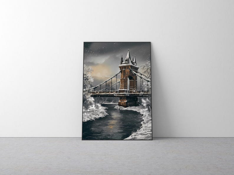 Snowy Bridge Printable Artwork, Winter Christmas Decoration, Digital ...