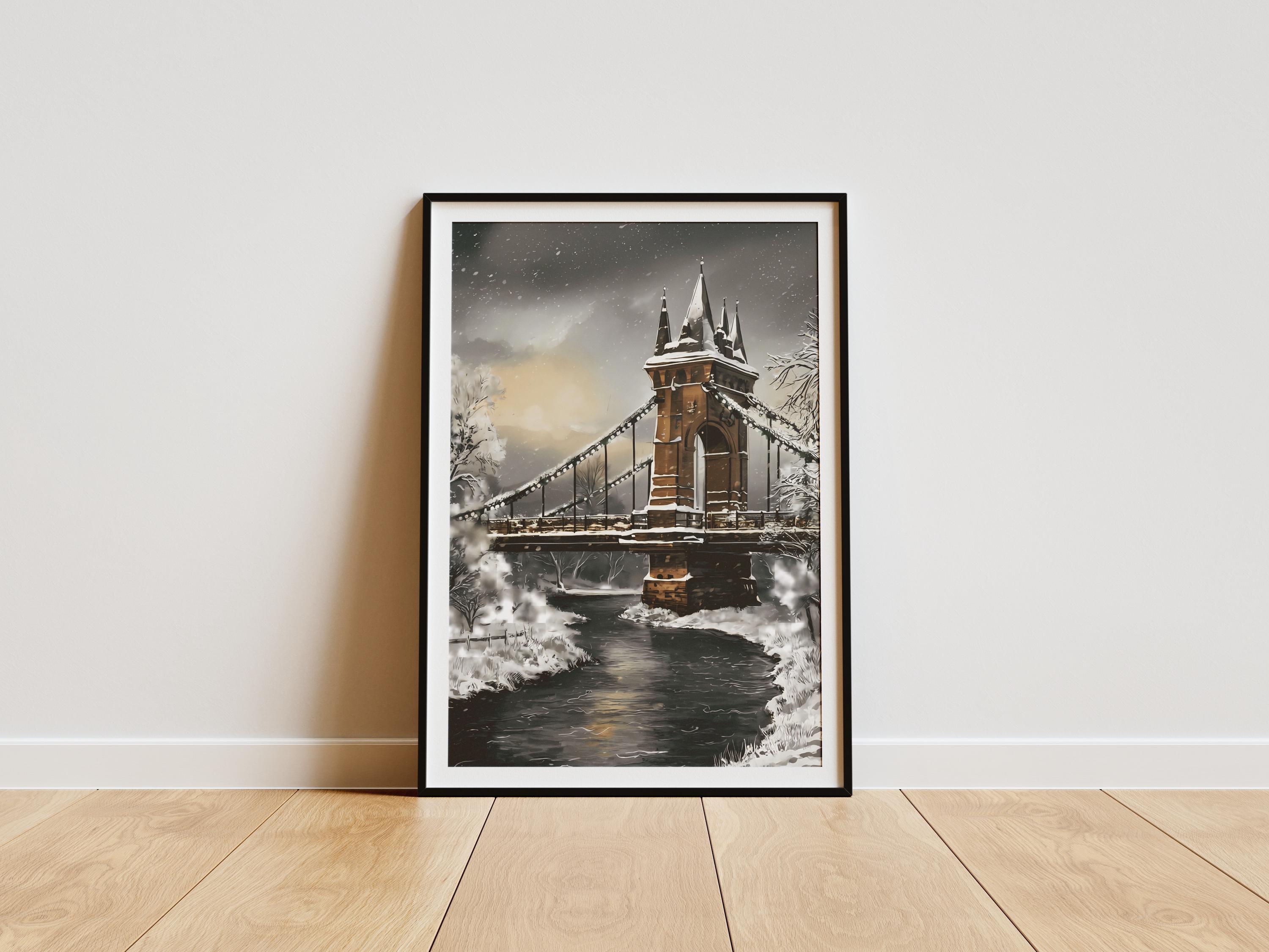 Snowy Bridge Printable Artwork, Winter Christmas Decoration, Digital ...