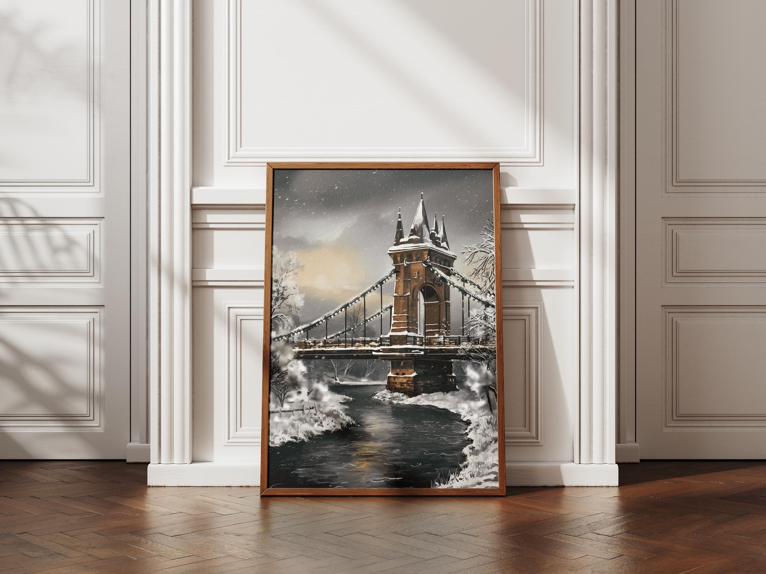 Snowy Bridge Printable Artwork, Winter Christmas Decoration, Digital ...