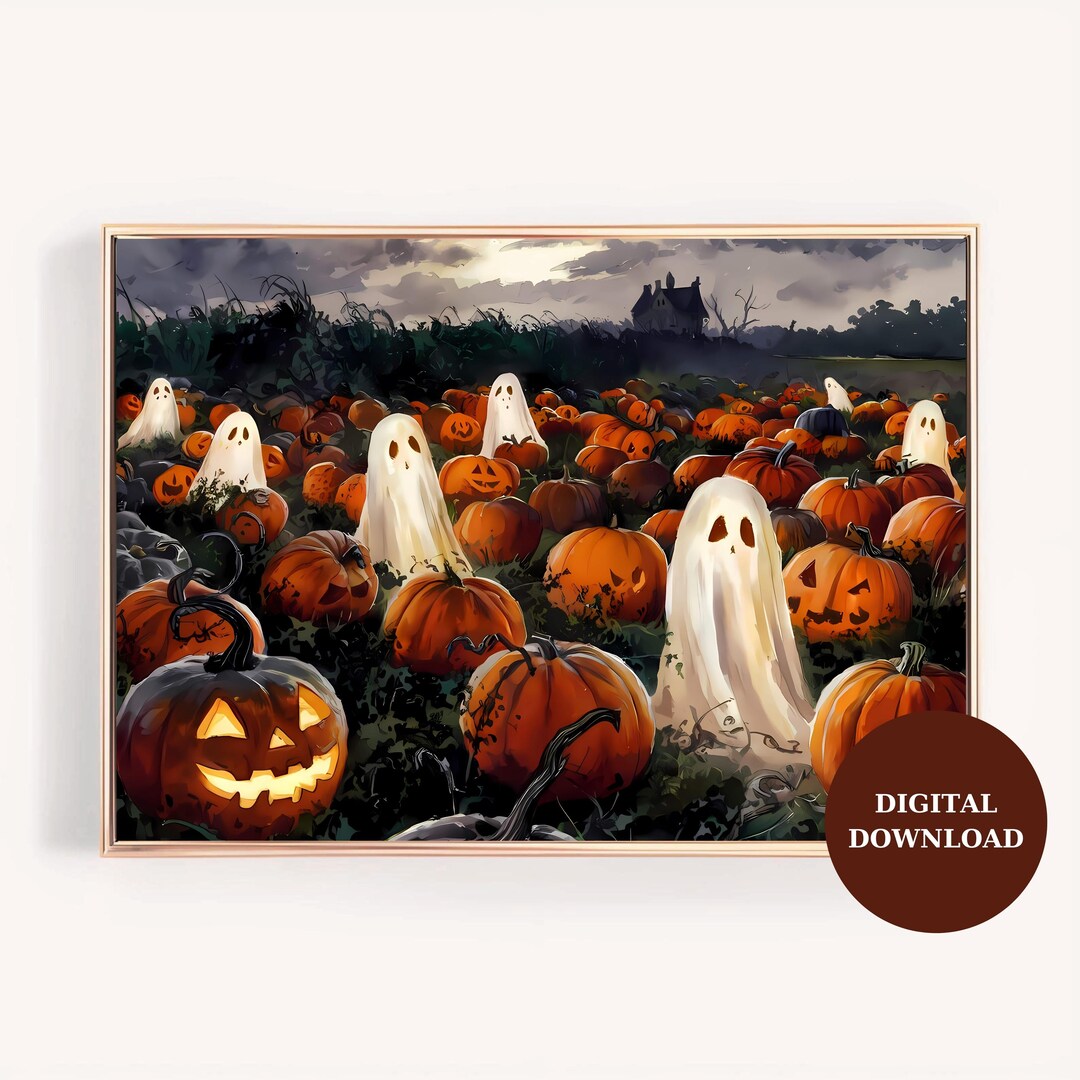 Vintage Halloween Ghost Painting, Neutral Pumpkin Art, Digital Download ...