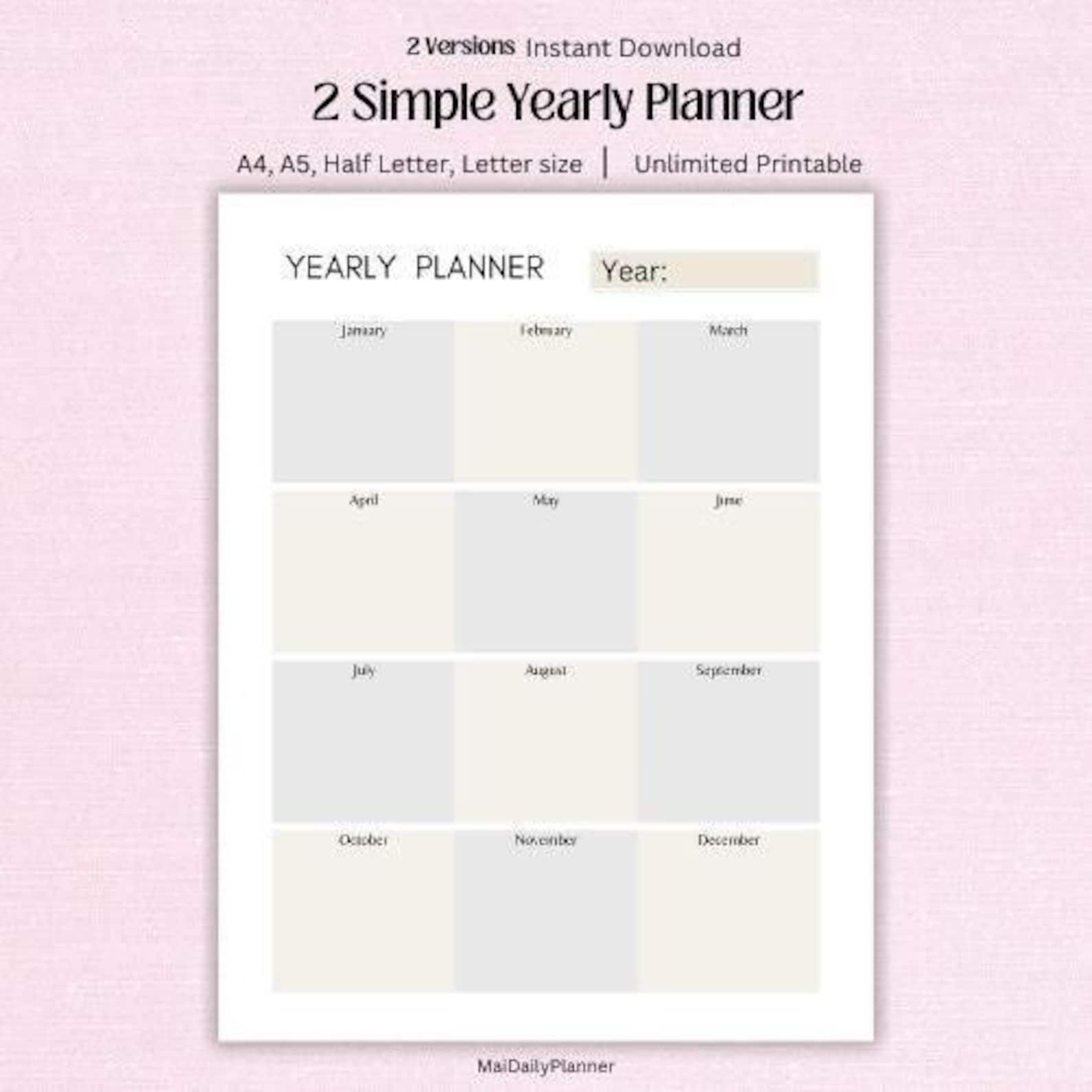 Editable Yearly Planner, Printable Yearly Overview on One Page, Year at ...