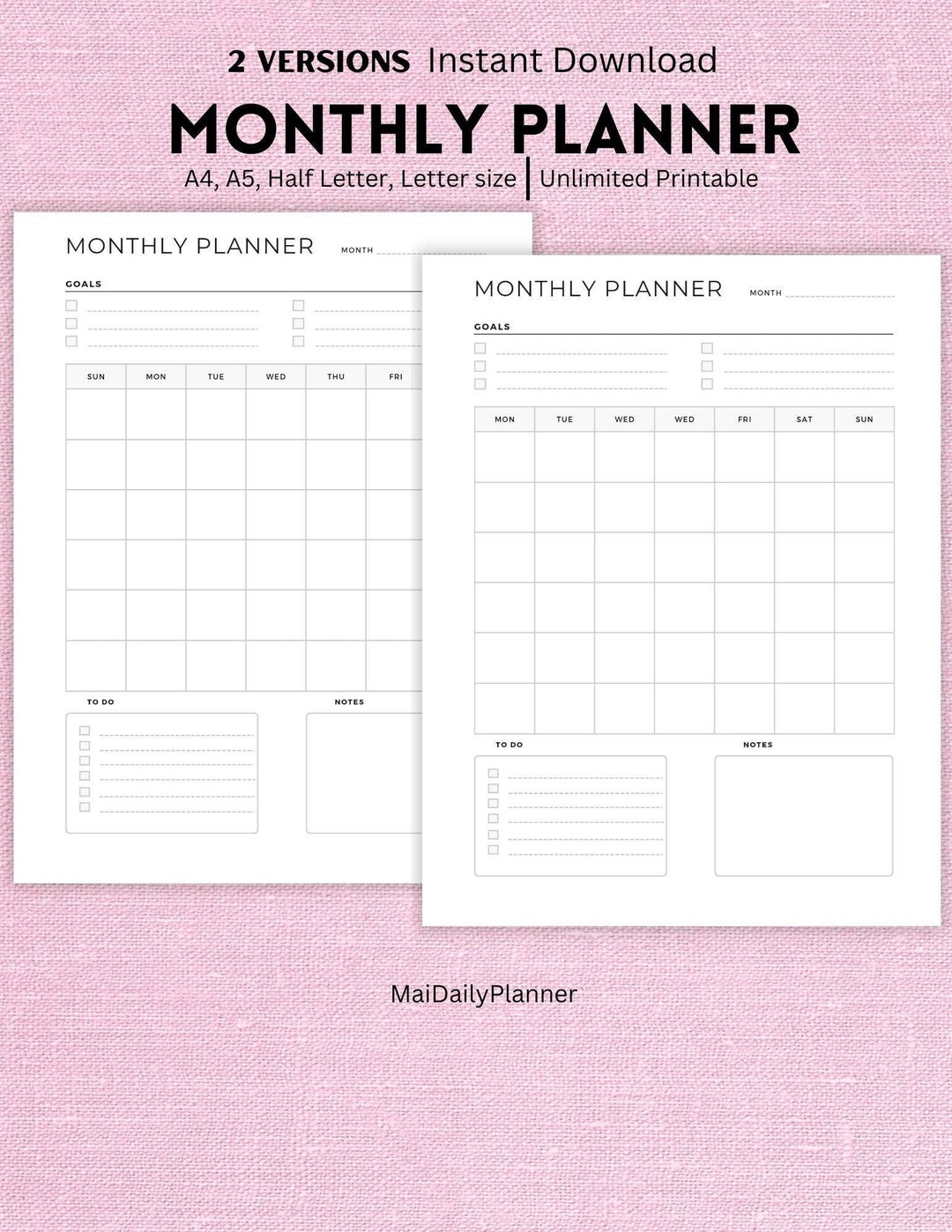 Monthly Goal Planner Printable, Fillable Monthly Planner, Monday and ...