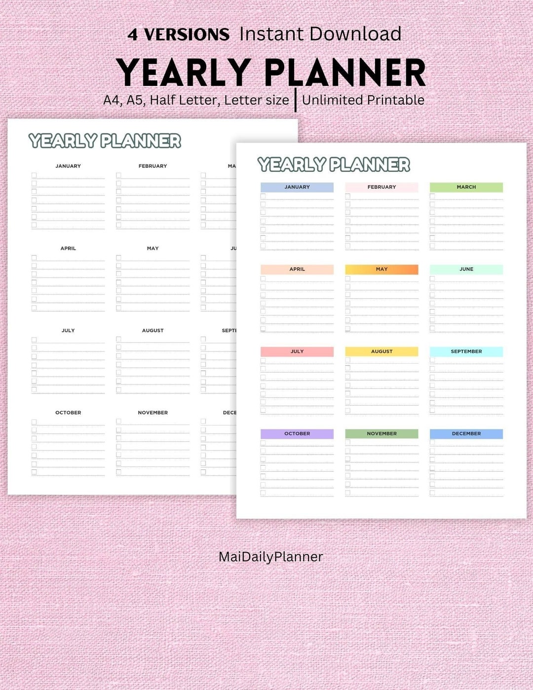 Simple Yearly Planner Printable, Minimalist Yearly Planner,a4/a5/letter ...
