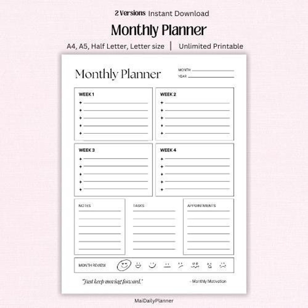 Minimalist Monthly Planner Printable, Monthly Organizer, Monthly Desk ...