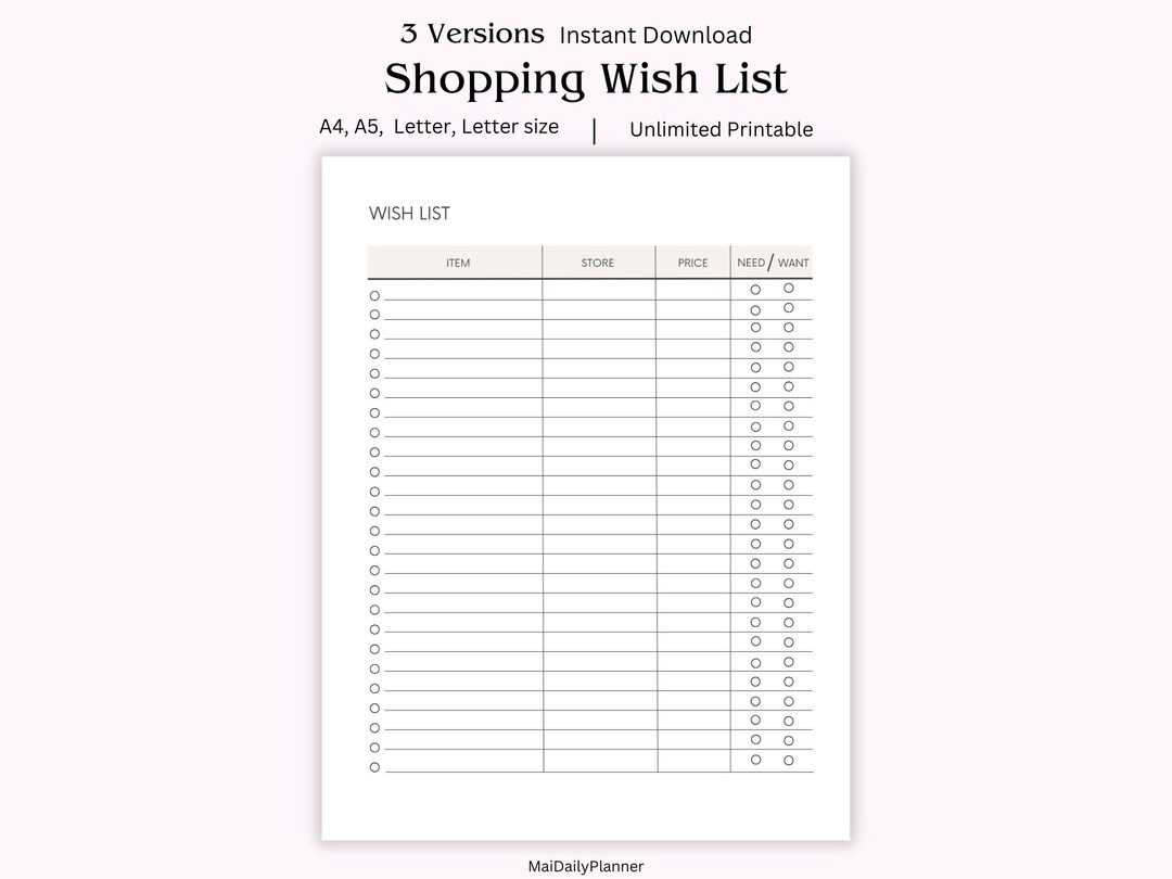 Simple Wishlist Page Printable & Fillable, Holiday Wishlist Template ...