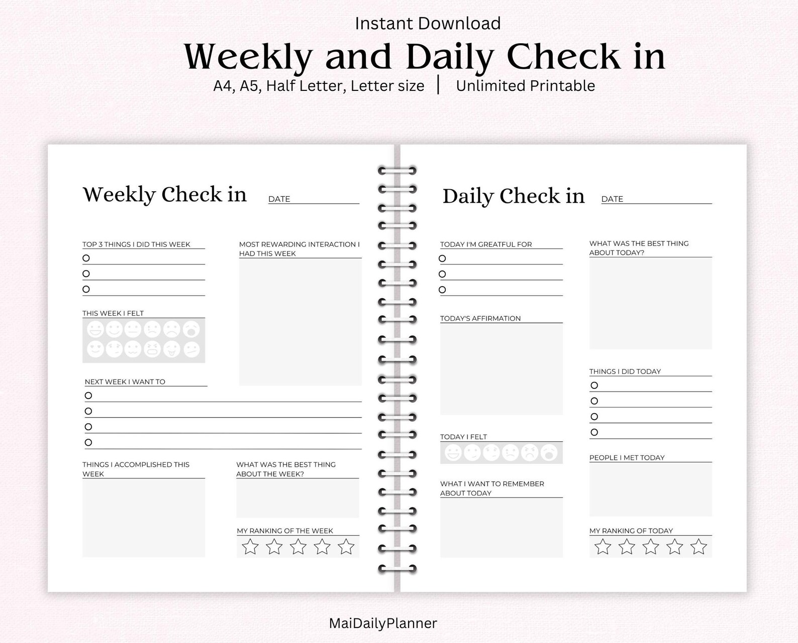 Daily Motivation, Daily Check In, A5 Daily Planner Inserts, A4, Letter ...