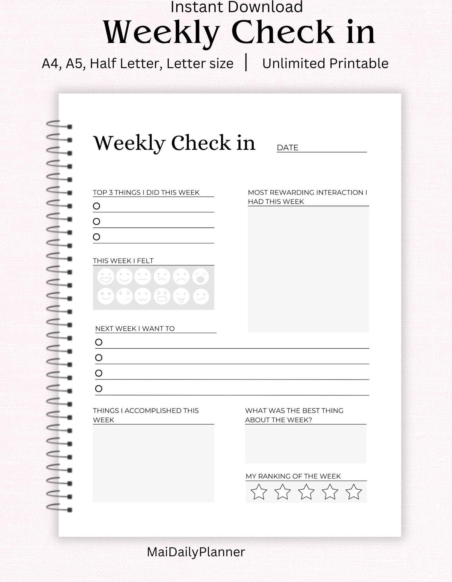 Daily Motivation, Daily Check In, A5 Daily Planner Inserts, A4, Letter ...