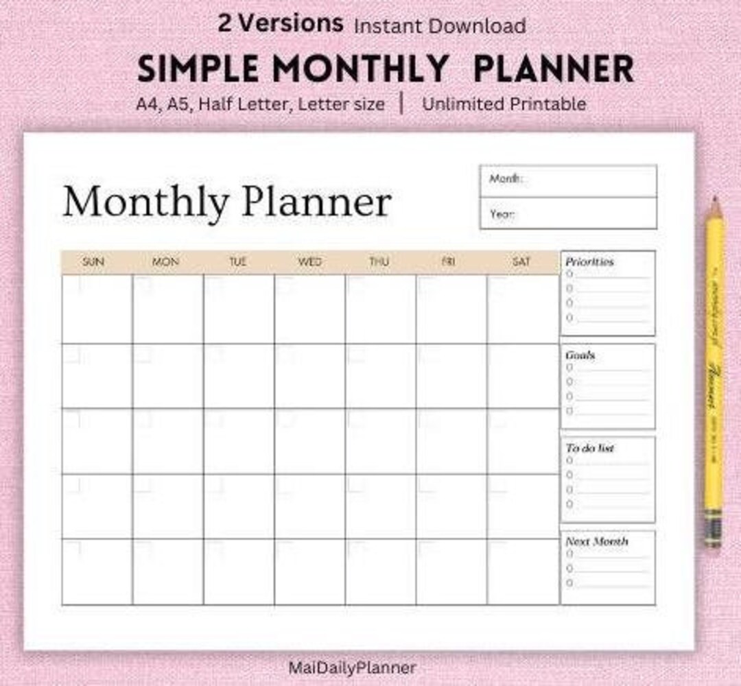 Undated Monthly Planner Printable Landscape, Monthly Agenda, Monthly ...