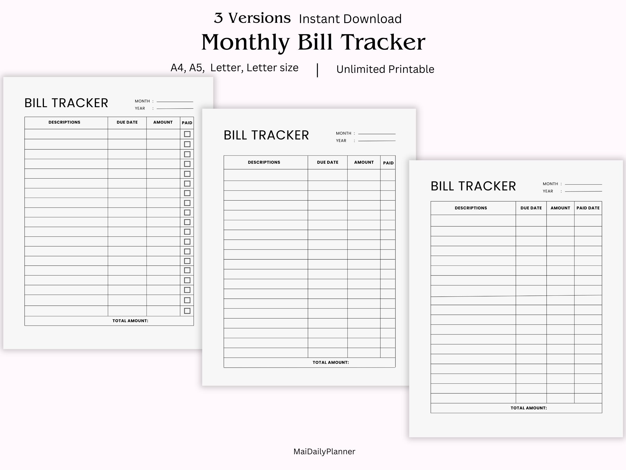 Monthly Bill Tracker Printable, Bill Payment Checklist, Bill Organizer ...