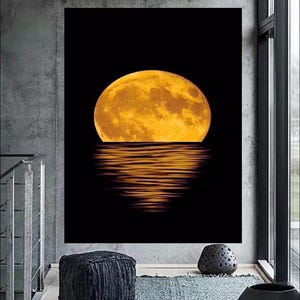 Golden Moon Wall Art Radiant Full Moon Reflection Canvas Painting ...