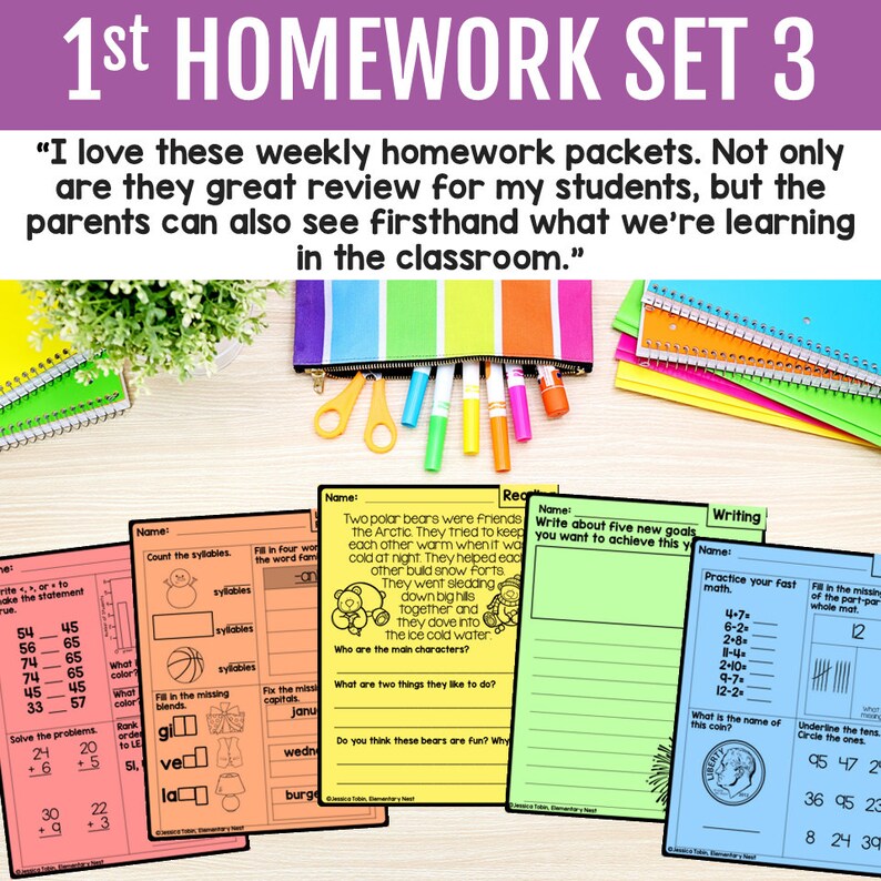 3rd Quarter 1st Grade Homework With Folder Cover, ELA and Math Review ...