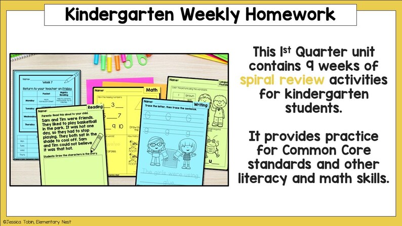 1st Quarter Kindergarten Weekly Homework Set 1 Phonics Math Reading W ...