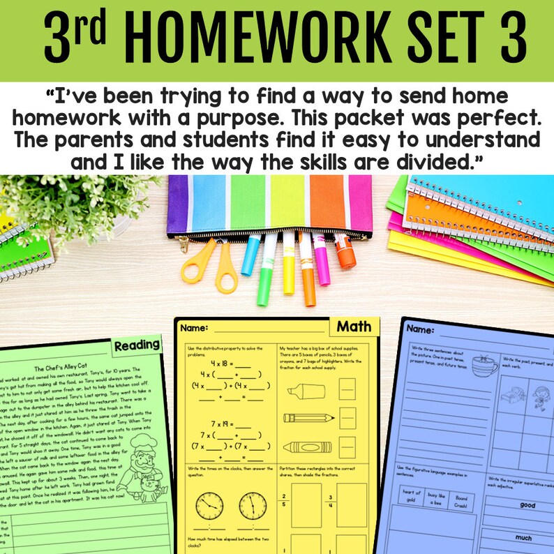 3rd Quarter 3rd Grade Homework With Folder Cover, ELA and Math Review ...