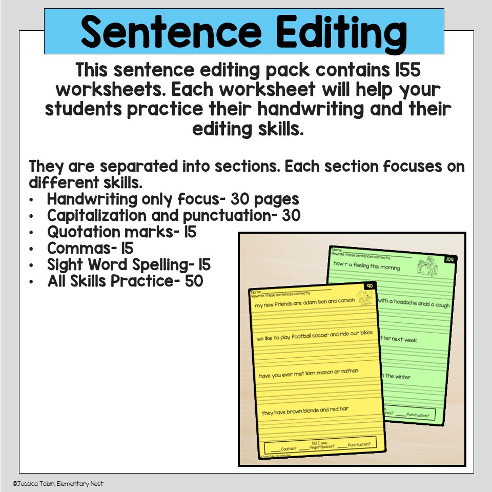 Sentence Editing, Sentence Writing, Writing Sentences Practice, Fix the ...