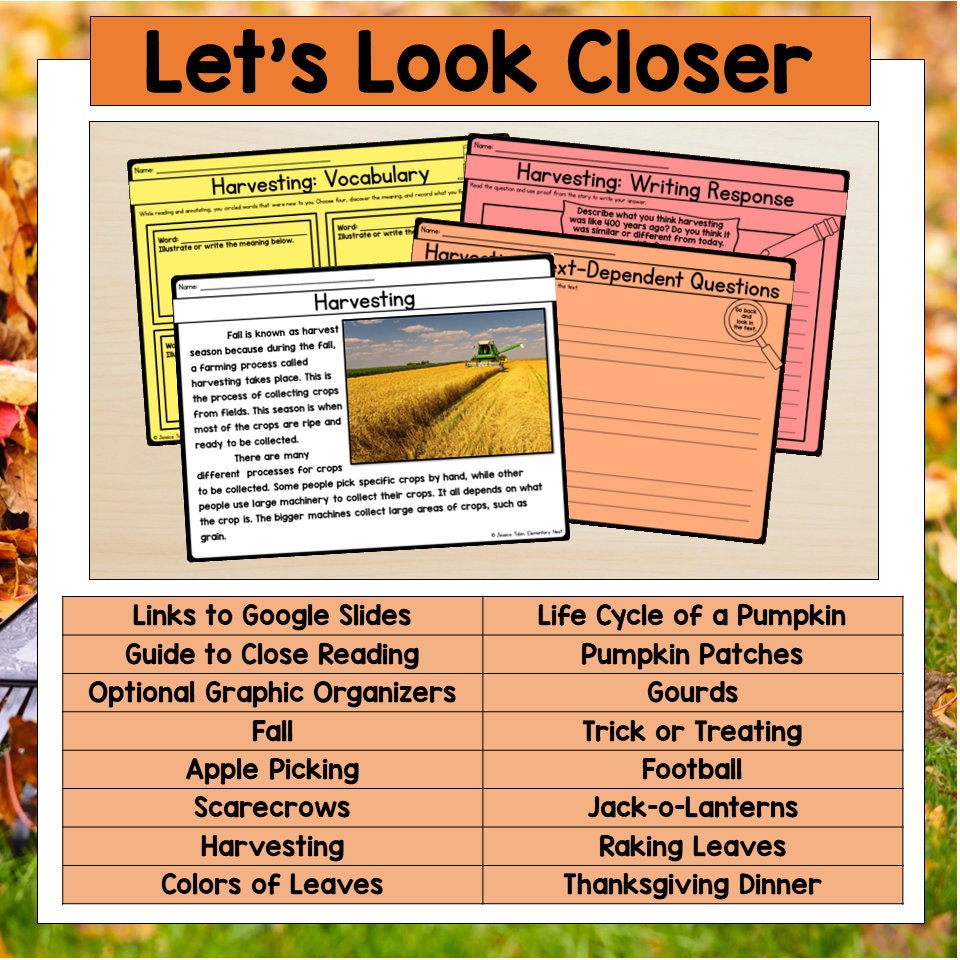 Close Reading Passages Fall Reading Comprehension Fall Nonfiction ...