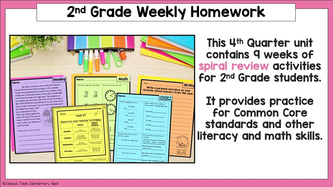 4th Quarter 2nd Grade Homework With Folder Cover, ELA and Math Review ...