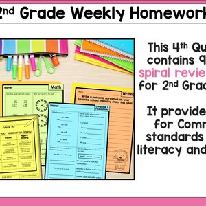 4th Quarter 2nd Grade Homework With Folder Cover, ELA and Math Review ...