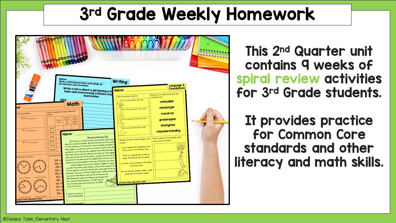 2nd Quarter 3rd Grade Homework With Folder Cover, ELA and Math Review ...