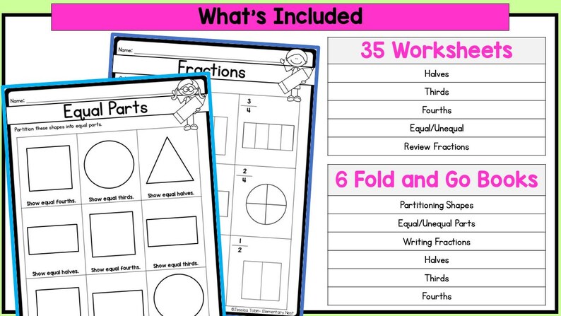 Fractions Worksheet Set: Halves, Thirds, Fourths (PDF Download) - Etsy