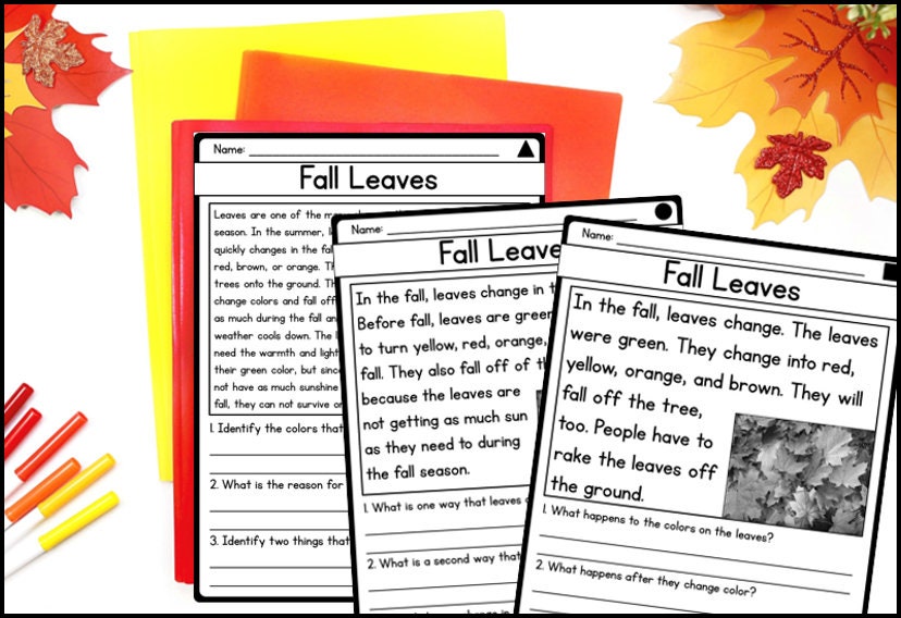 Fall Reading Comprehension - Differentiated Reading Passages Activities ...