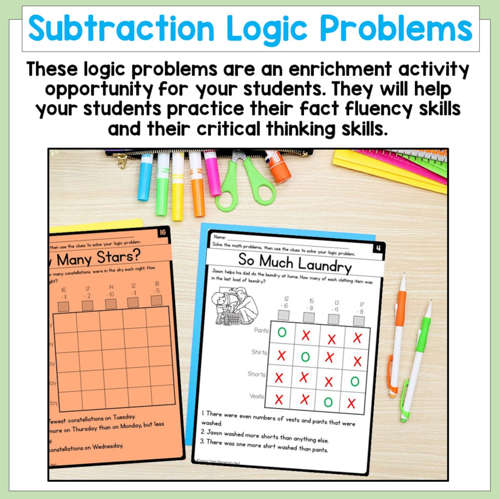 Logic Puzzles, Math Subtraction Problems, Enrichment- Early Finishers ...