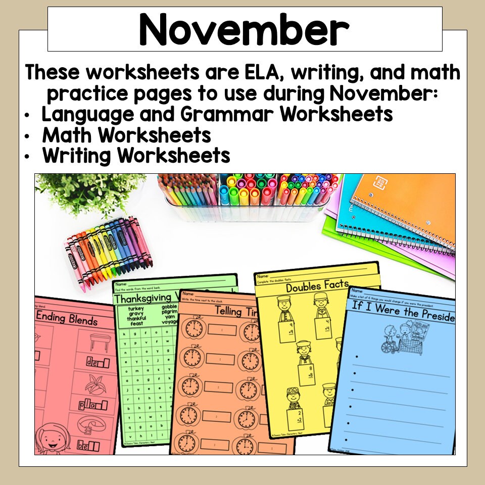 November Worksheets Math, Writing, Language Thanksgiving Veterans Day ...