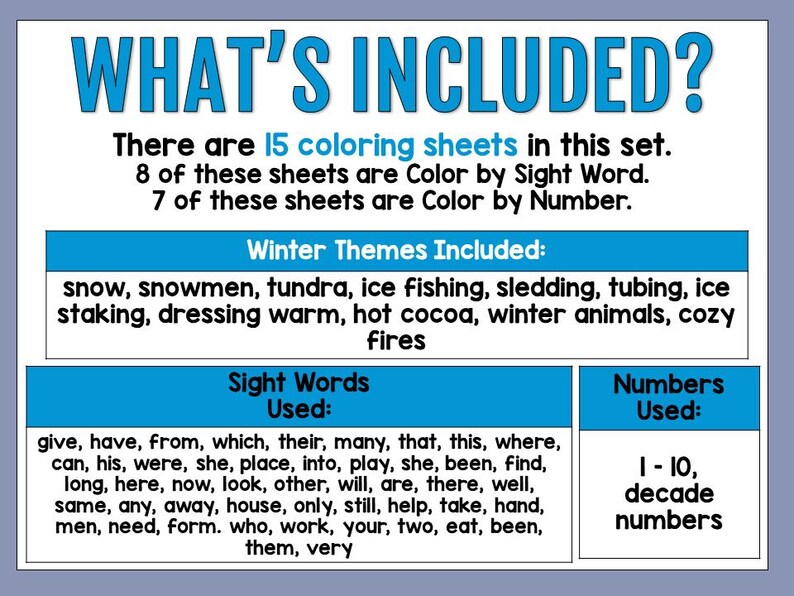 Winter Activities - Color by Number and Sight Word- Winter Coloring ...