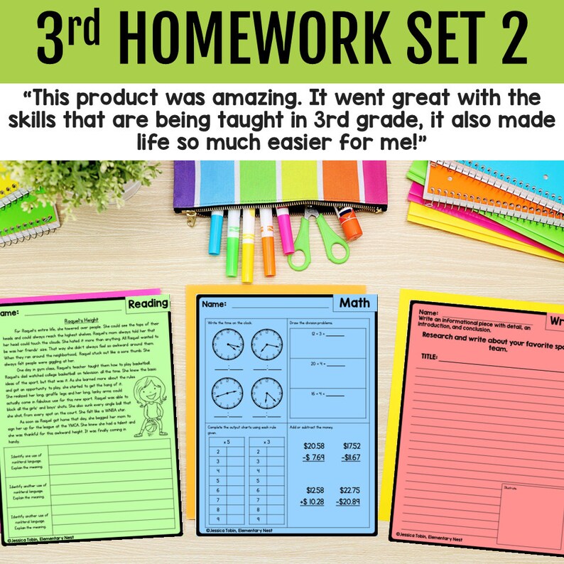2nd Quarter 3rd Grade Homework With Folder Cover, ELA and Math Review ...