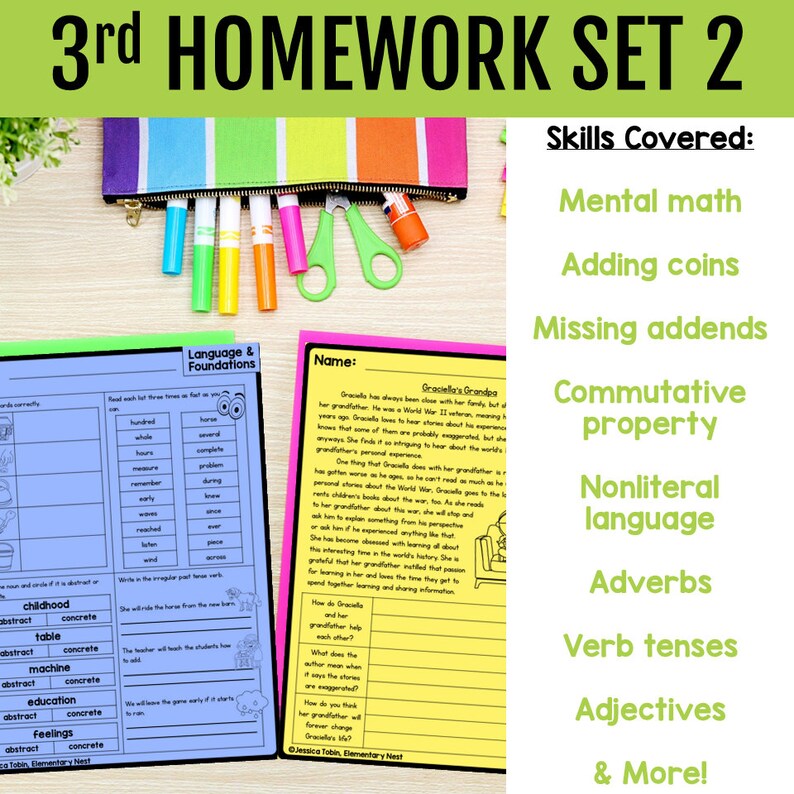 2nd Quarter 3rd Grade Homework With Folder Cover, ELA and Math Review ...