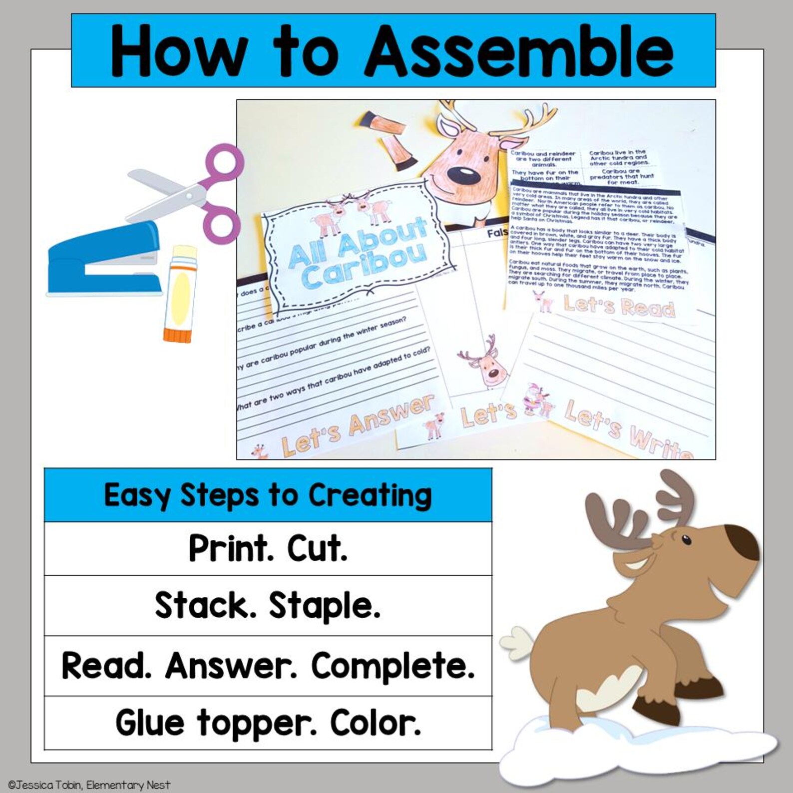 Caribou Reading and Writing Flip Book With Craft - Reindeer Activities ...