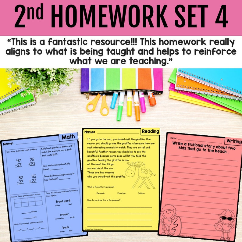 4th Quarter 2nd Grade Homework With Folder Cover, ELA and Math Review ...
