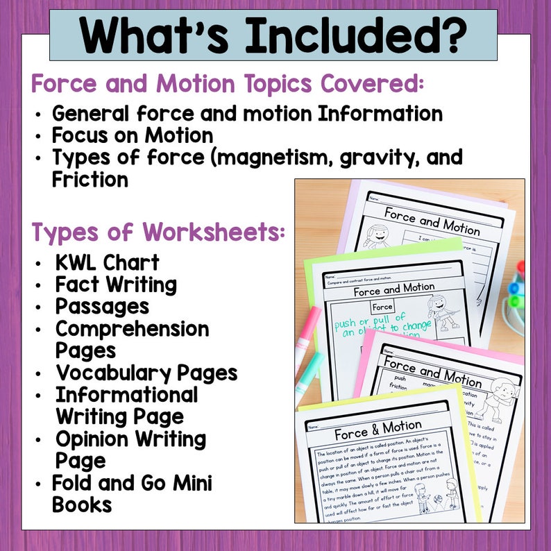 Force and Motion Worksheets & Reading Passages, Motion and Types of ...
